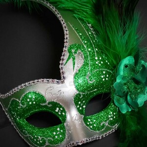 Green Silver Masquerade Mask With Intricate Glitter Swan Design and ...