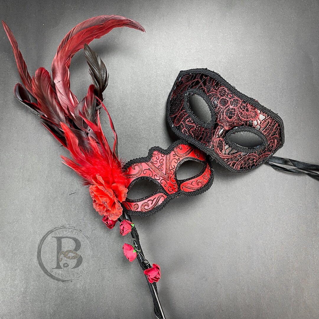 Red Feather Halloween Couples Masquerade Masks Holding Stick - Etsy ...