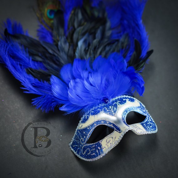 Blue Feather Masquerade Mask Mardi Gras Mask Great Gatsby - Etsy