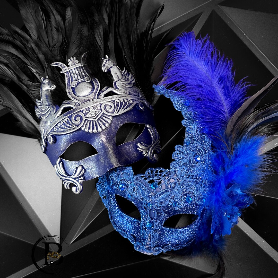 Blue Feather Couples Masquerade Masks, Mardi Gras Mask, Mardi Gras ...