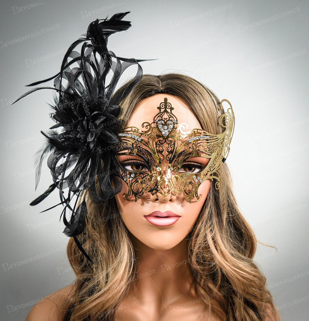 Gold Masquerade Masks, Black Feather Masquerade Mask, Halloween ...
