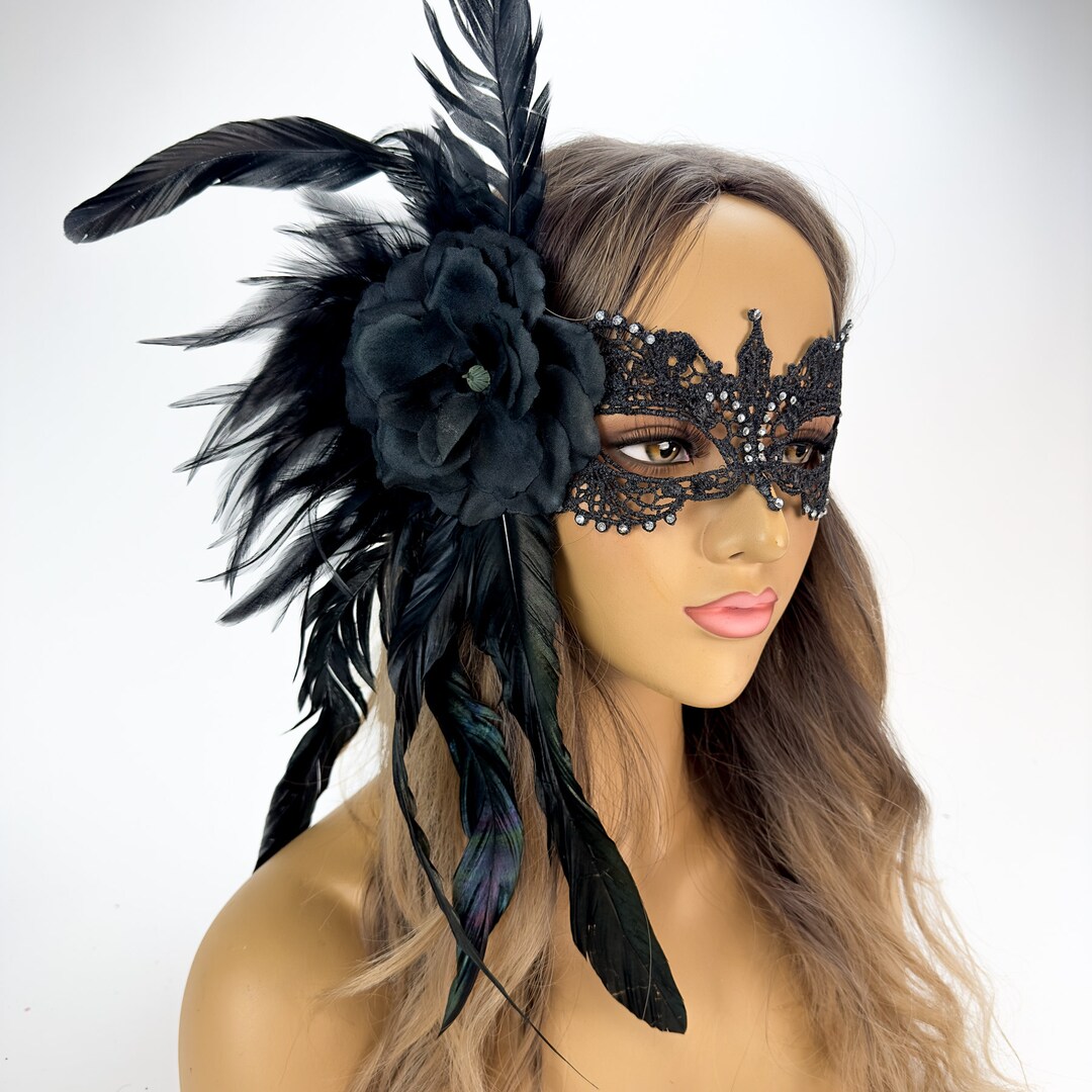 Lace Feather Masquerade Mask, Lace Feather Mask, Black Masquerade Mask ...