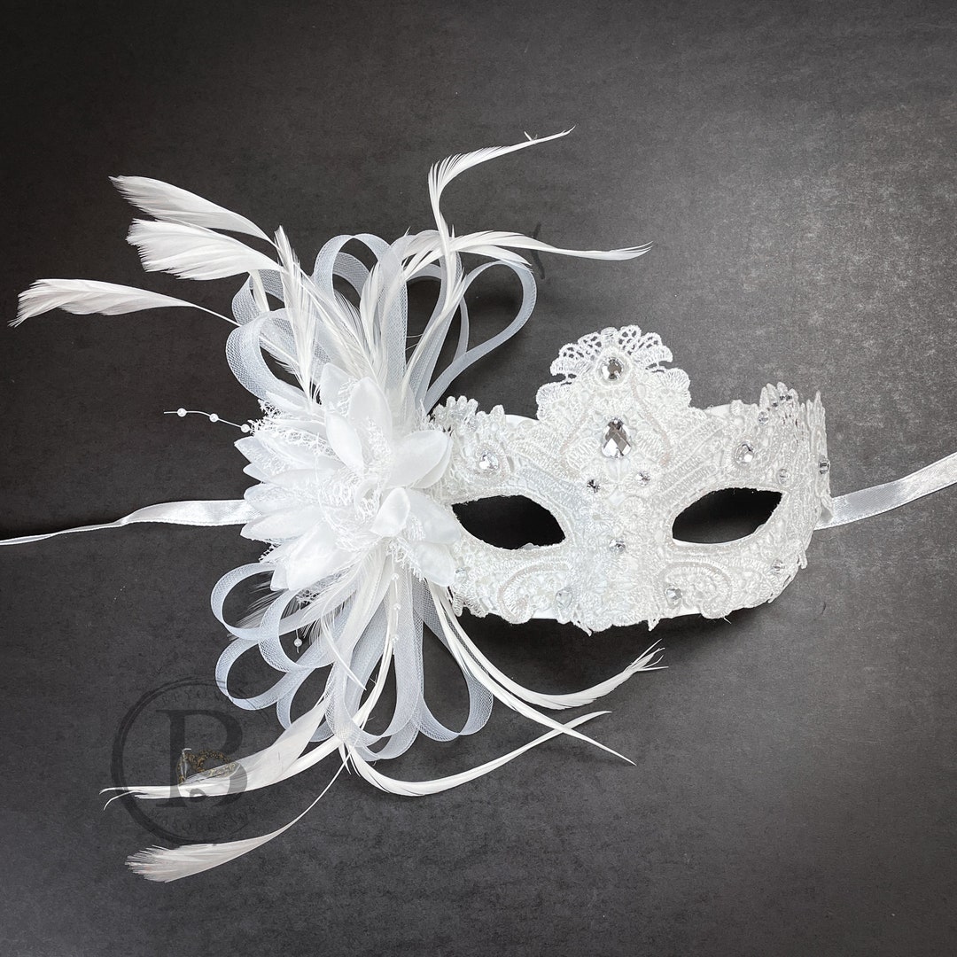 White Feather Masquerade Mask, White Masquerade Masks, Bridal Mask ...