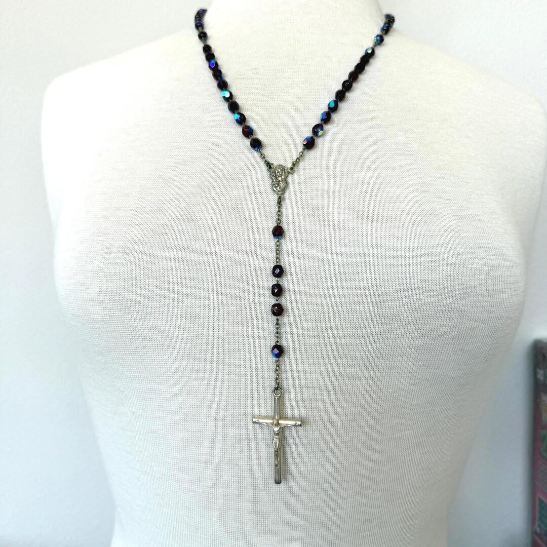 Vintage Ruby Red Aurora Borealis Glass Bead Rosary Necklace - Etsy