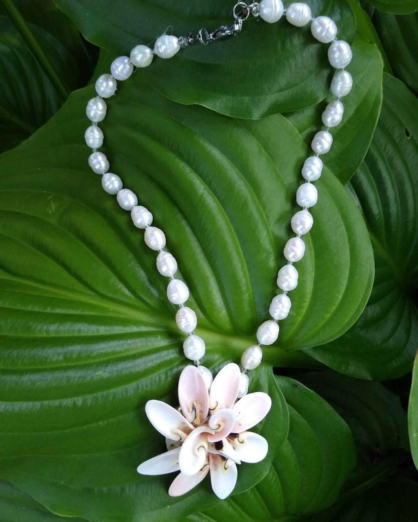 Handmade Shell Necklace With Real Fresh Water Pearl # 00N25 - Etsy