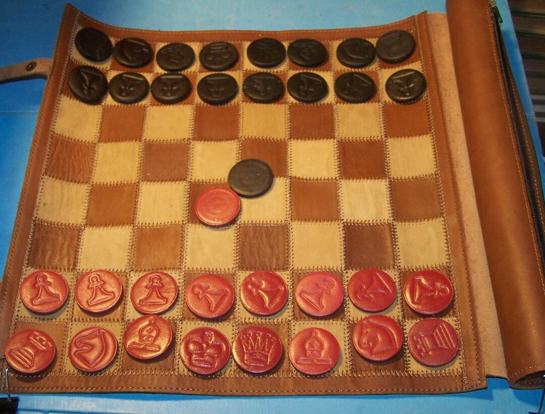 Vintage Leather Checker Board - Roll-up Checkers & Chess Game Board ...