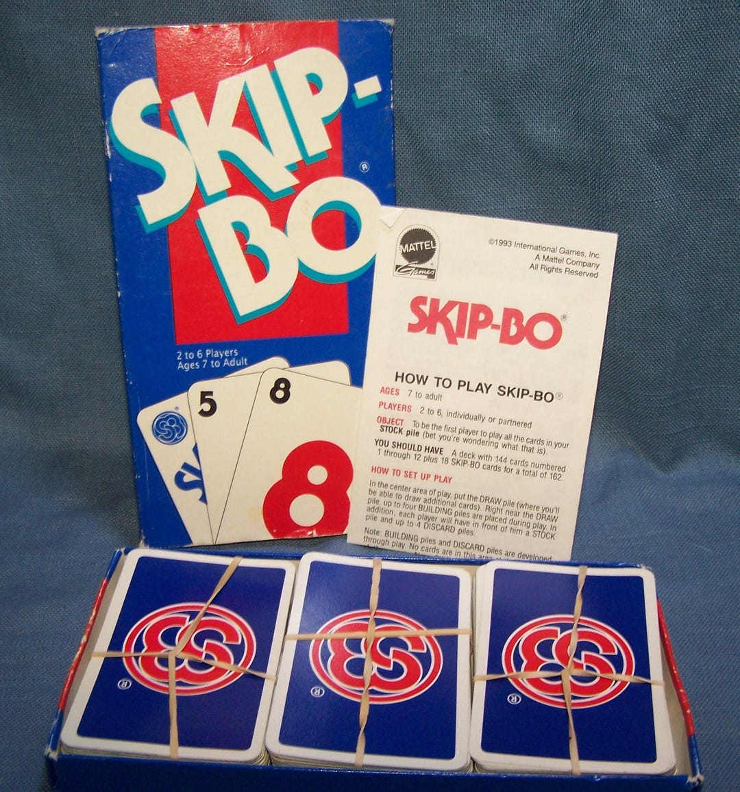 Mattel SKIP-BO Card Game 1993 Model No. 1050 Ages 7 to Adult 2 to 6 ...