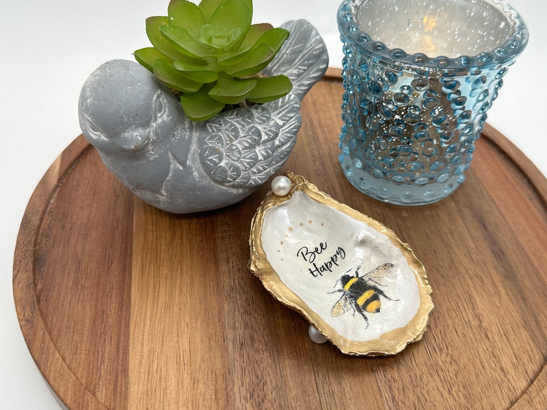 Oyster Shell Ring Dish With Bee Happy Oyster Shell Trinket - Etsy