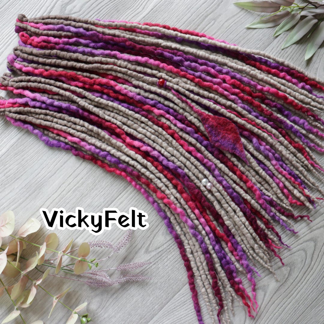 Wool Dreadlock Extensions: Ombre Ash Brown, Fuchsia Pink Flowers ...
