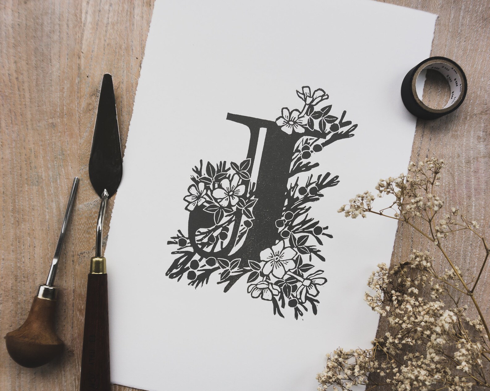 Illustrated Letter Lino Print 'J' | Etsy