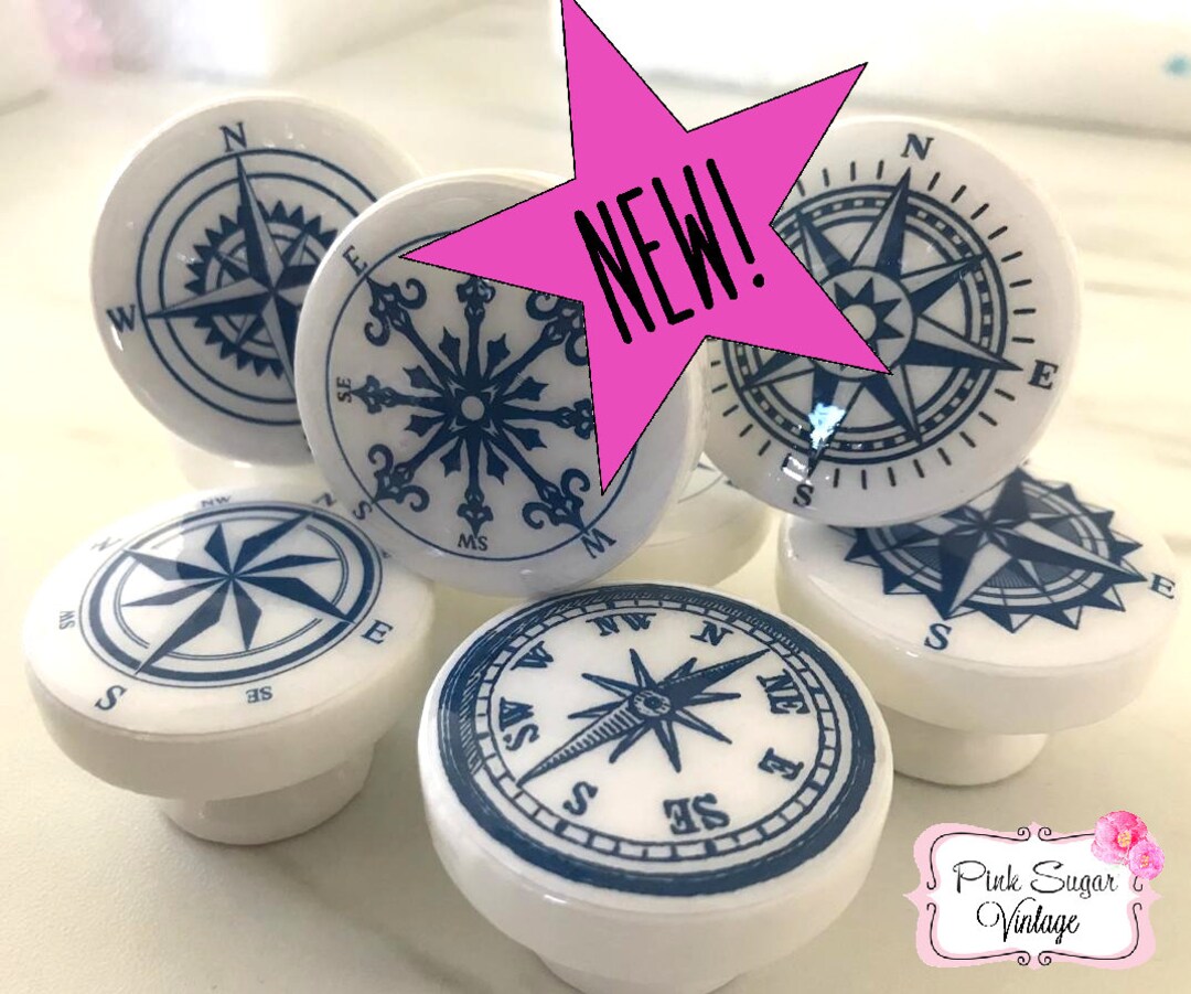 NAUTICAL COMPASS ROSE Knobs Navy Blue White Drawer Pulls Beach Lake ...