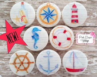 NAUTICAL COMPASS ROSE Knobs Navy Blue White Drawer Pulls Beach | Etsy