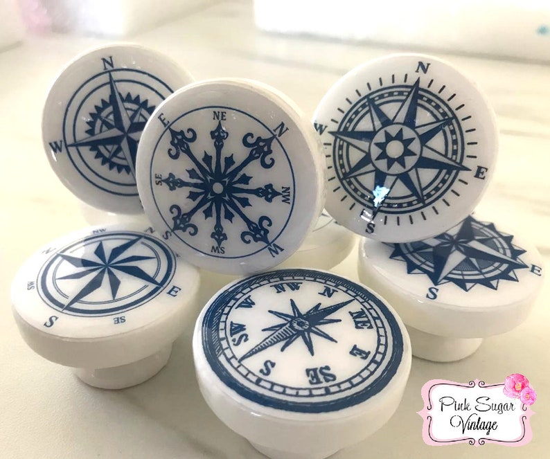 NAUTICAL COMPASS ROSE Knobs Navy Blue White Drawer Pulls Beach - Etsy