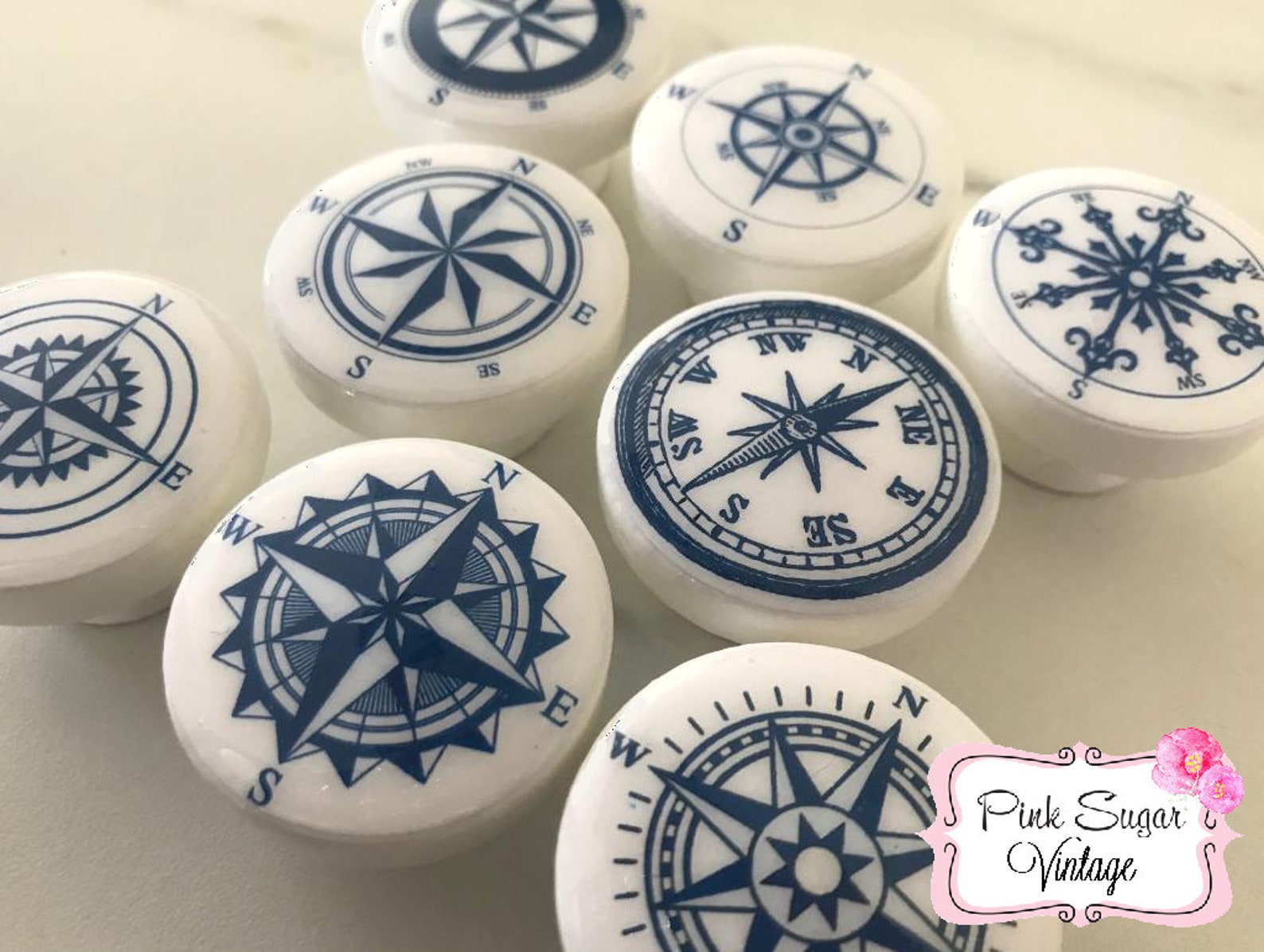 NAUTICAL COMPASS ROSE Knobs Navy Blue White Drawer Pulls Beach - Etsy