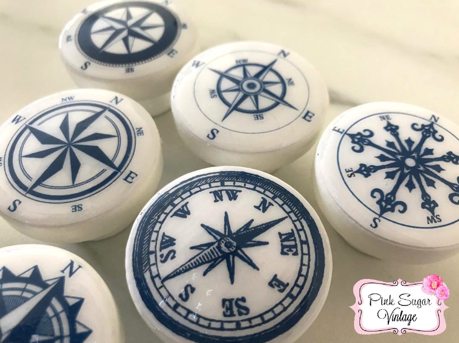 NAUTICAL COMPASS ROSE Knobs Navy Blue White Drawer Pulls Beach - Etsy