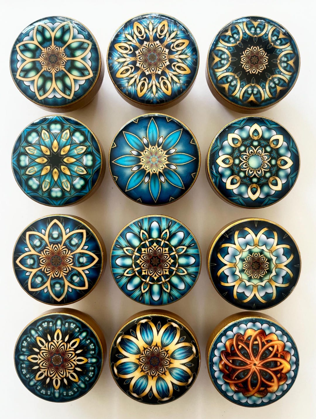 MANDALA KNOBS GOLD Turquoise Drawer Pulls Black Vintage Kitchen India ...