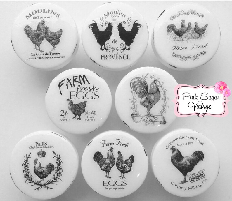 White Chicken Rooster Knobs Kitchen Drawer Pulls Paris Shabby Chic ...