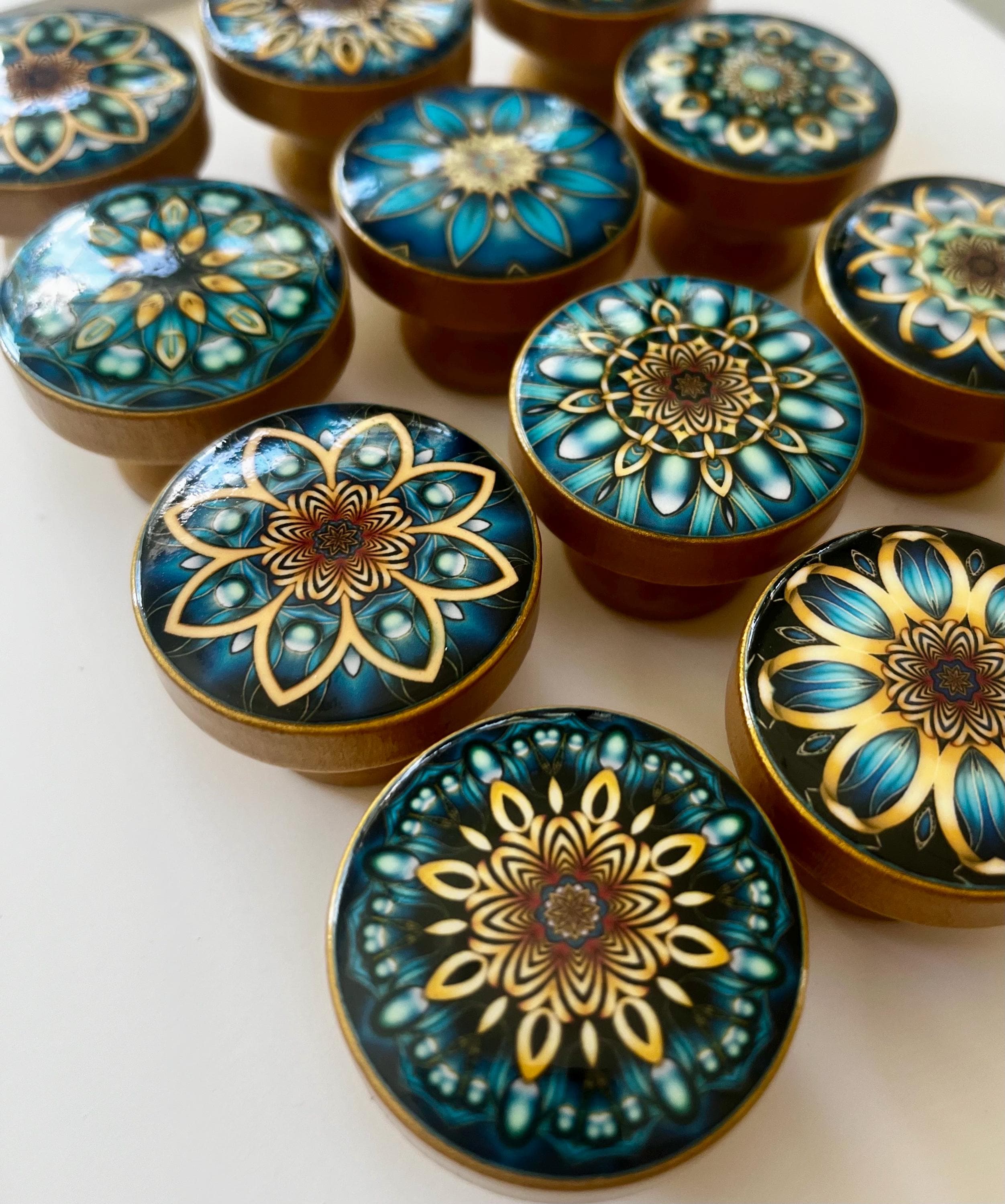 MANDALA KNOBS GOLD Turquoise Drawer Pulls Black Vintage Kitchen India ...
