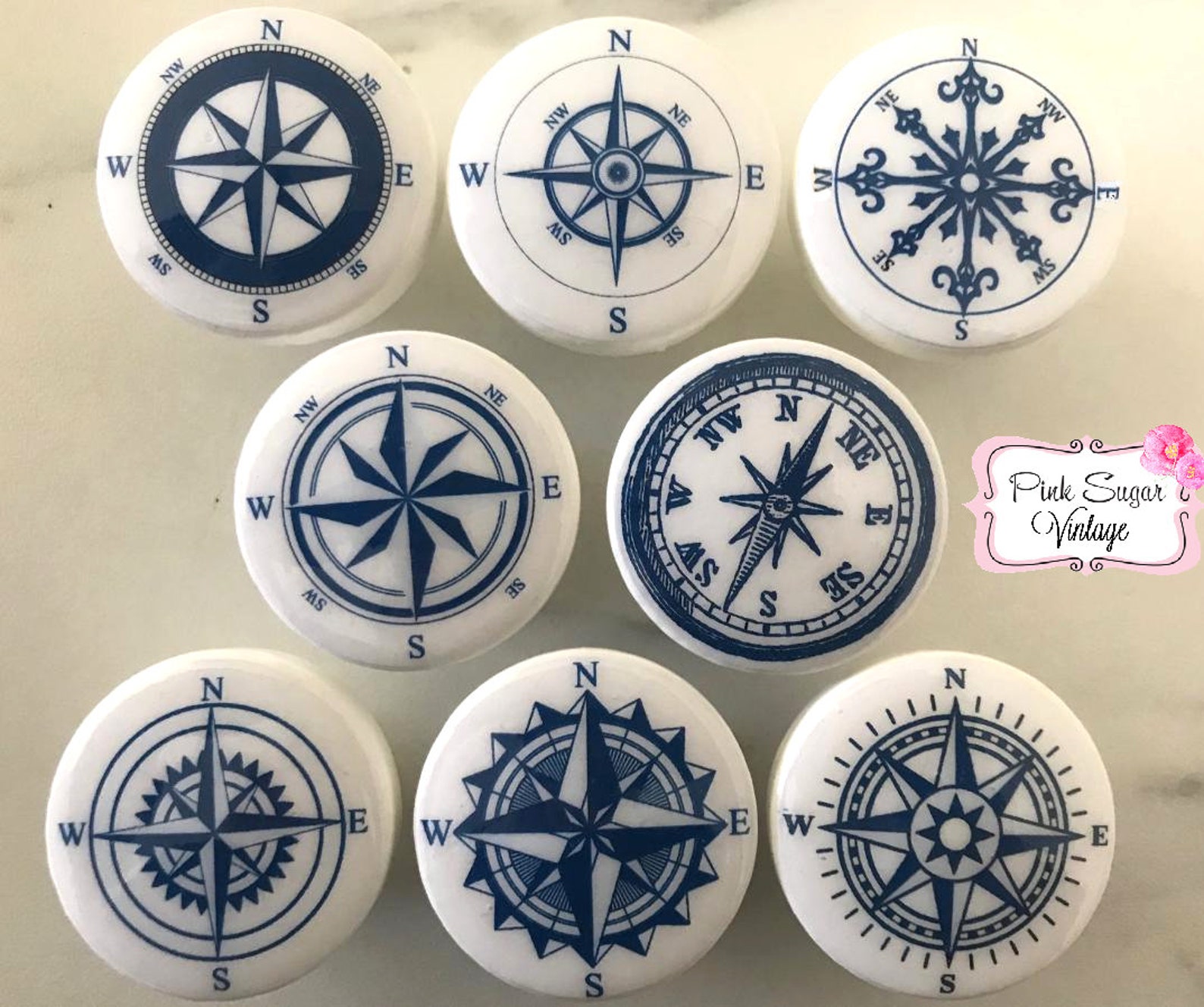 NAUTICAL COMPASS ROSE Knobs Navy Blue White Drawer Pulls Beach - Etsy