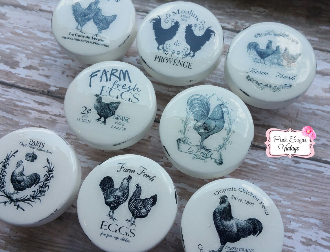 White Chicken Rooster Knobs Kitchen Drawer Pulls Paris Shabby - Etsy