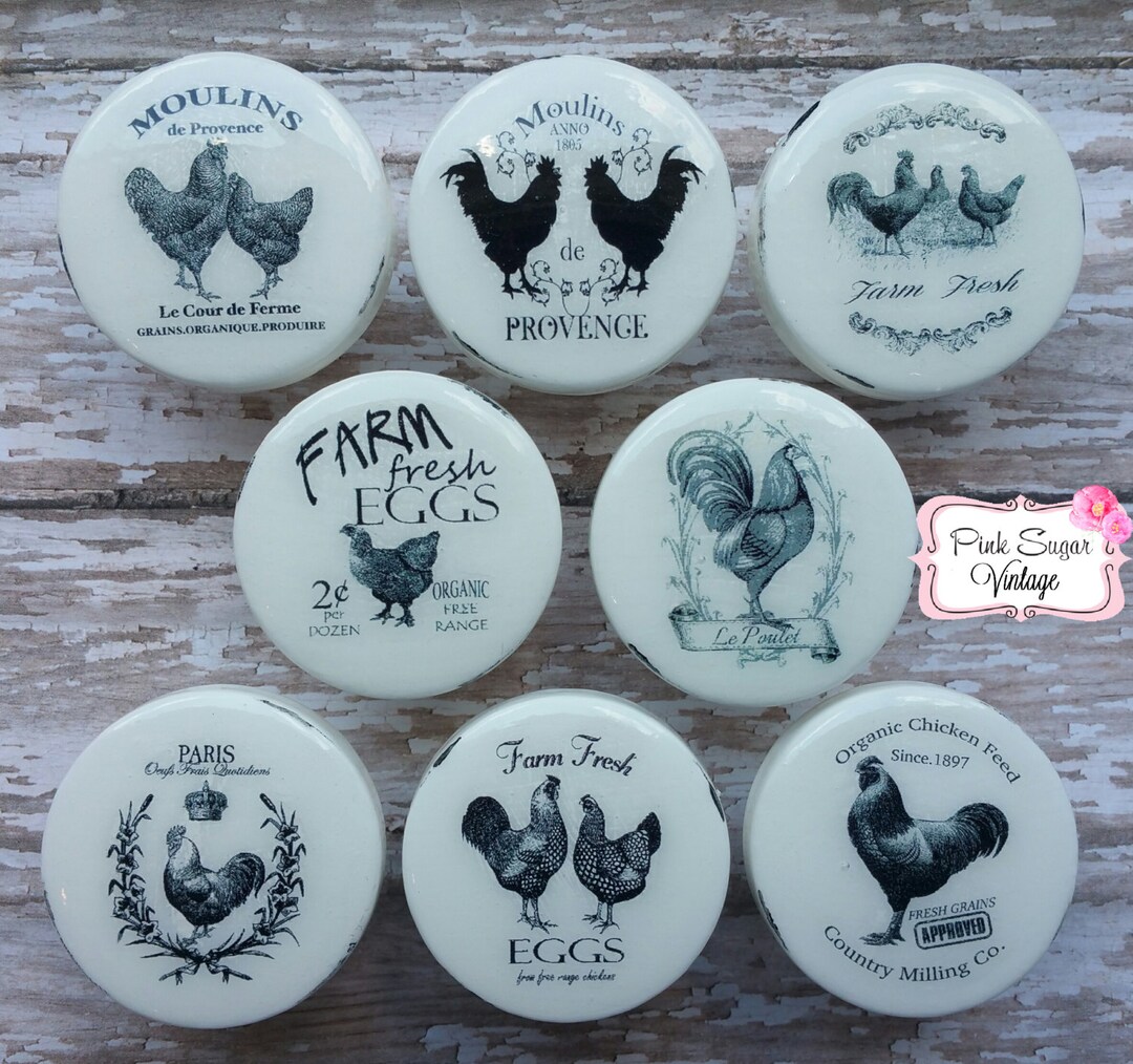 White Chicken Rooster Knobs Kitchen Drawer Pulls Paris Shabby Chic Cottage French Provincial ...