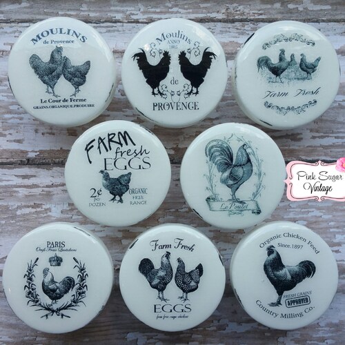 White Chicken Rooster Knobs Kitchen Drawer Pulls Paris Shabby - Etsy