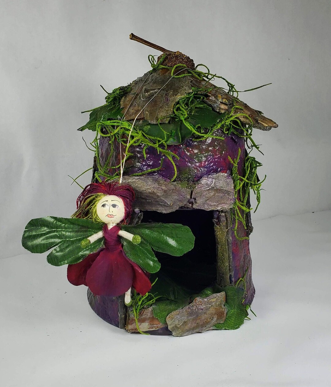 Purple Fairy House, 7" Tall, With Bendy Doll. Handmade Woodland ...