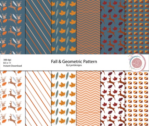 Fall Geometric Digital Scrapbook Papers, Autumn, leaves, Chevron, Deer ...