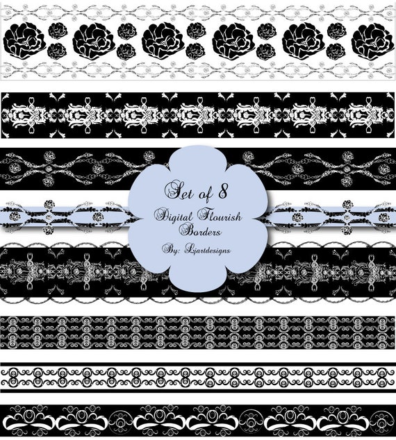 Digital Black And White Borders, Flourishes, Damask Borders, Floral ...