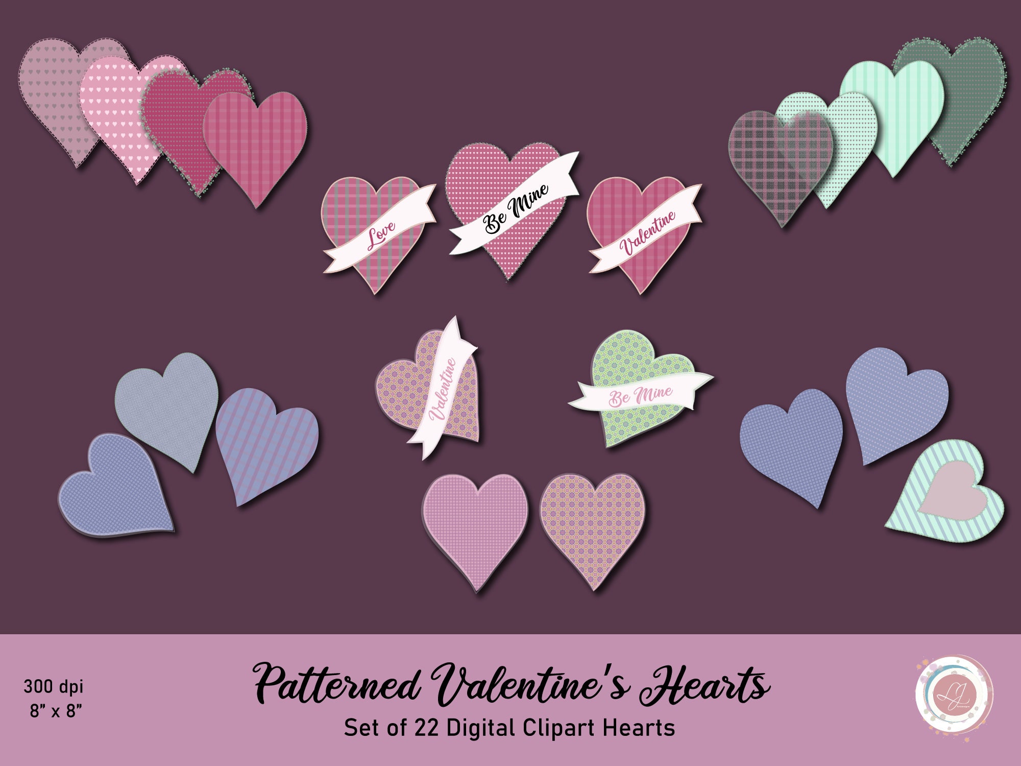 Valentine's Patterned Hearts, Clipart, Plaid. Textured, Floral, Digital ...