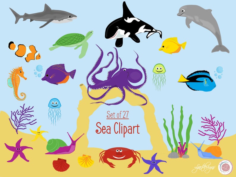 Sea Clipart, Digital Clipart, Fish, Shark, Whale, Ocean Clipart ...