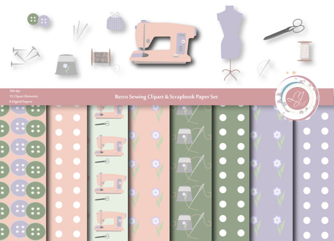 Sewing Clipart and Scrabooking Paper Set, Digital Clip Art, Scrapbook ...