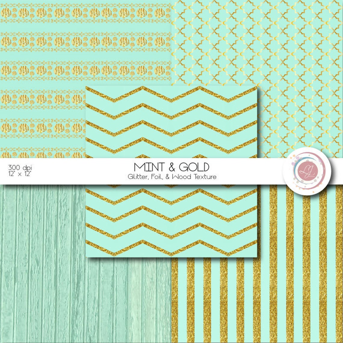 Mint Green and Gold Digital Papers, Gold Glitter, Gold Foil, Wood ...
