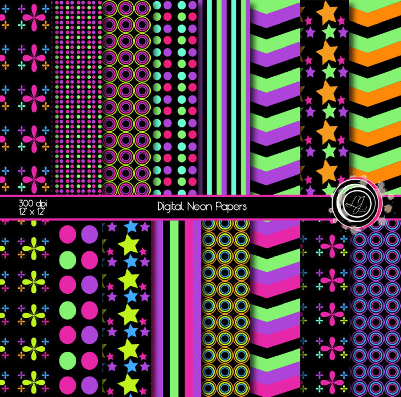 Neon Digital Papers, Party Papers, Bright Digital Paper, Scrapbook ...