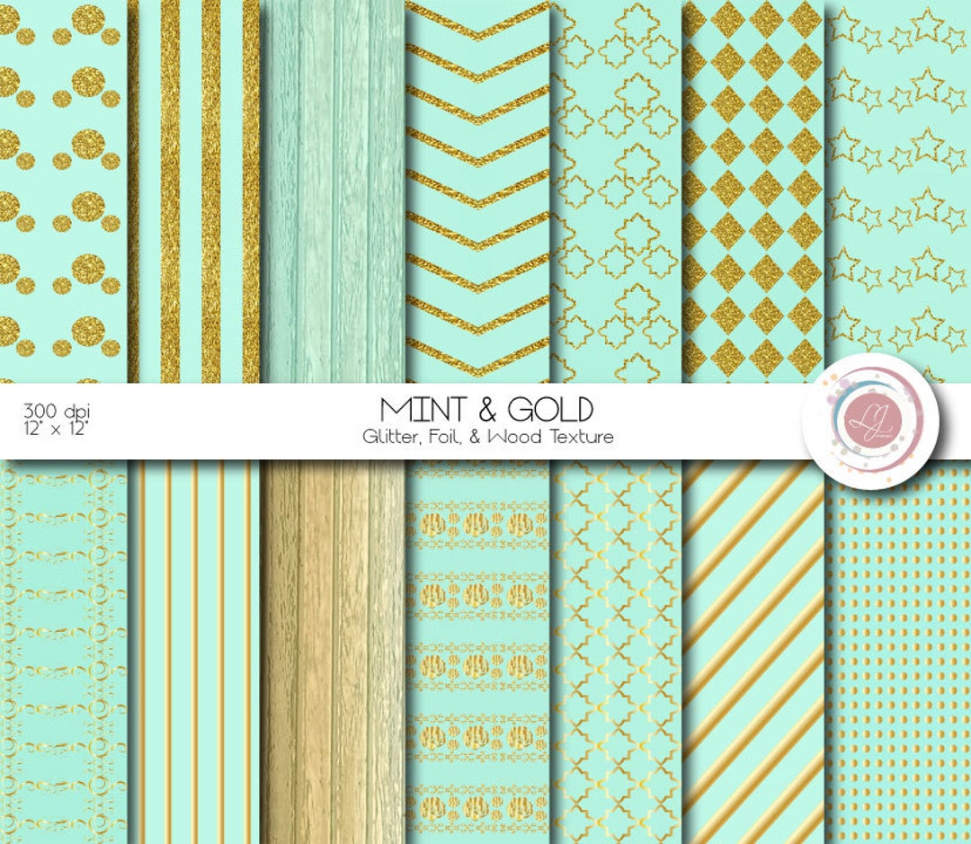 Mint Green and Gold Digital Papers, Gold Glitter, Gold Foil, Wood ...