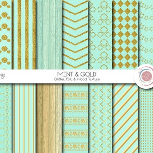 Mint Green and Gold Digital Papers, Gold Glitter, Gold Foil, Wood ...