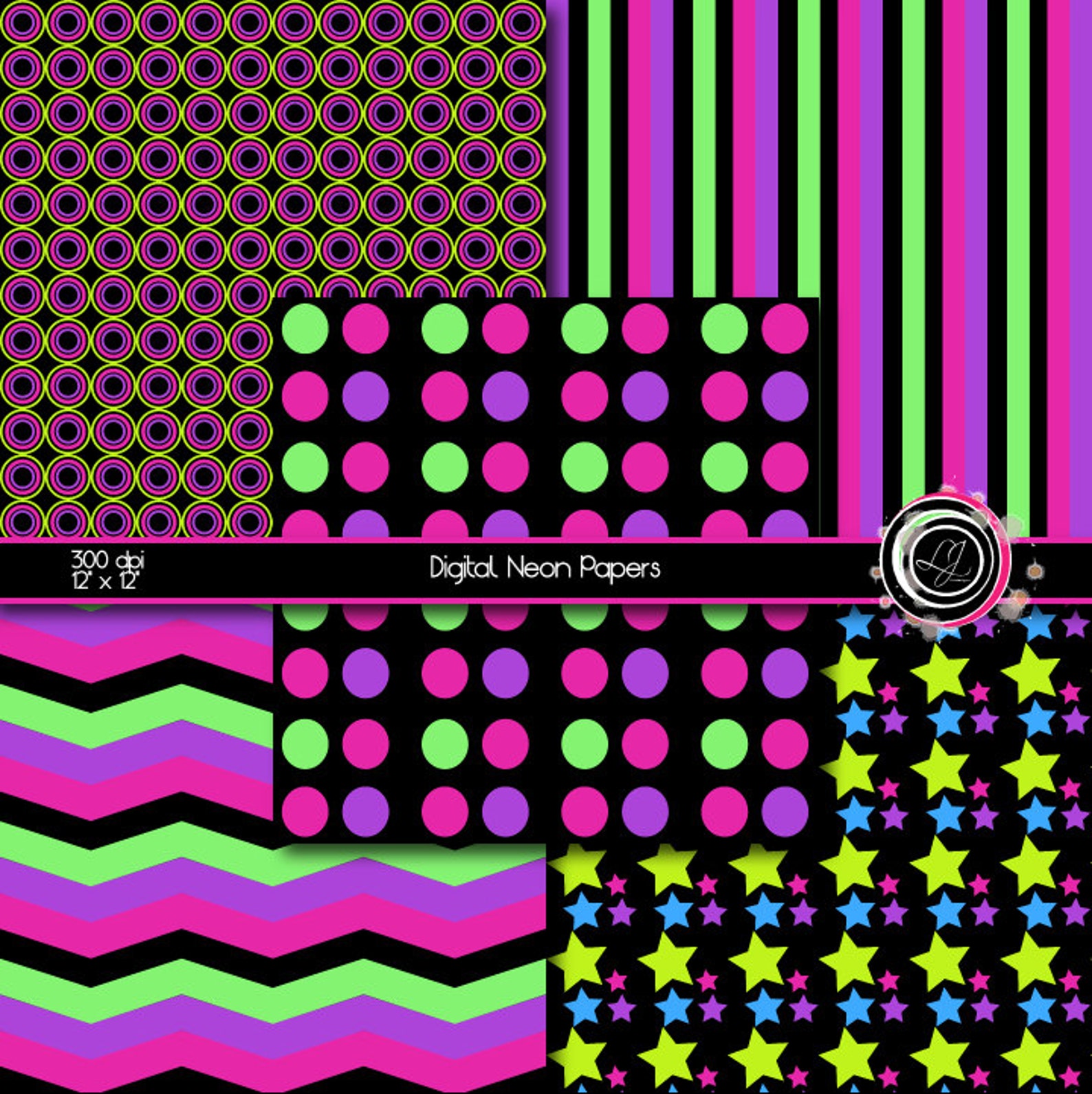 Neon Digital Papers, Party Papers, Bright Digital Paper, Scrapbook ...