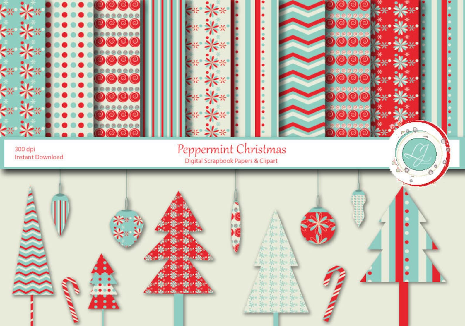 Sale 50% Off, Christmas Digital Scrapbook Set, Peppermint, Scrapbook ...