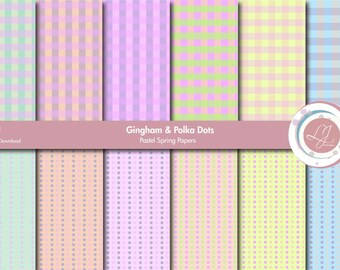 Pastel Rainbow Gingham & Tiny Polka Dots Digital Papers. - Etsy