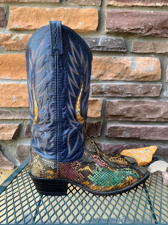 1980s Dan Post Rainbow Colored Snakeskin Cowboy Boots… - Gem