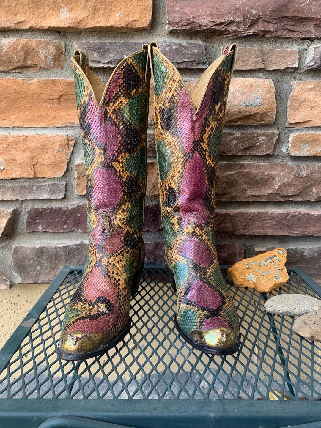 Vintage Real Snakeskin Cowboy Boots/ 80s Snakeskin Boots/ Rainbow ...