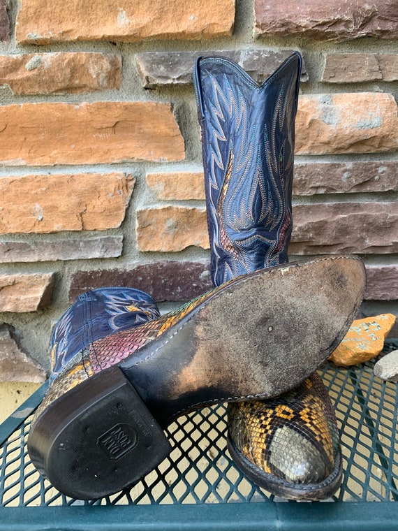 1980s Dan Post Rainbow Colored Snakeskin Cowboy Boots… - Gem