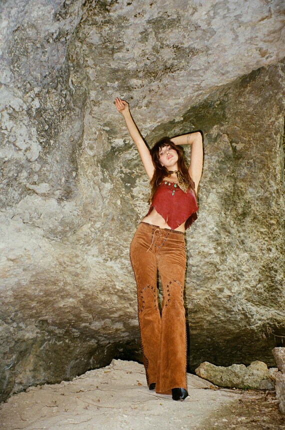 70s Dead Stock Suede Leather Bell Bottoms/ Lace Up Su… - Gem