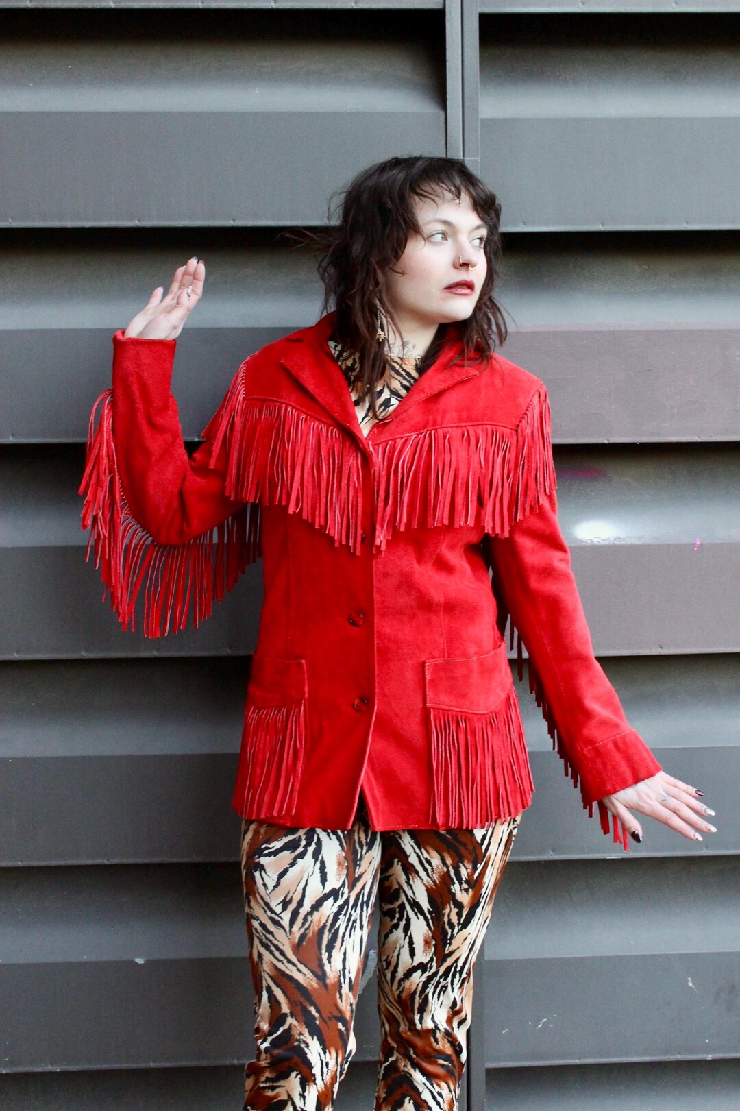 70s Red Suede Fringe Leather Jacket/ Button up 70s Fringe Coat/ Boho ...
