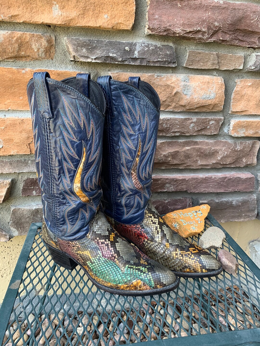 1980s Dan Post Rainbow Colored Snakeskin Cowboy Boots/ Dark Blue ...