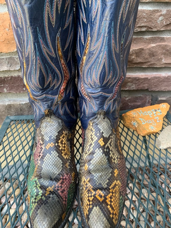 1980s Dan Post Rainbow Colored Snakeskin Cowboy Boots… - Gem