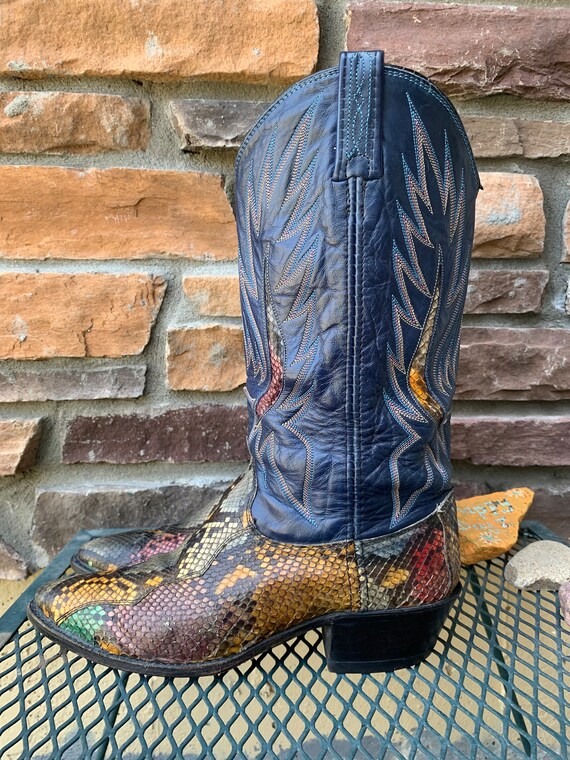 1980s Dan Post Rainbow Colored Snakeskin Cowboy Boots… - Gem