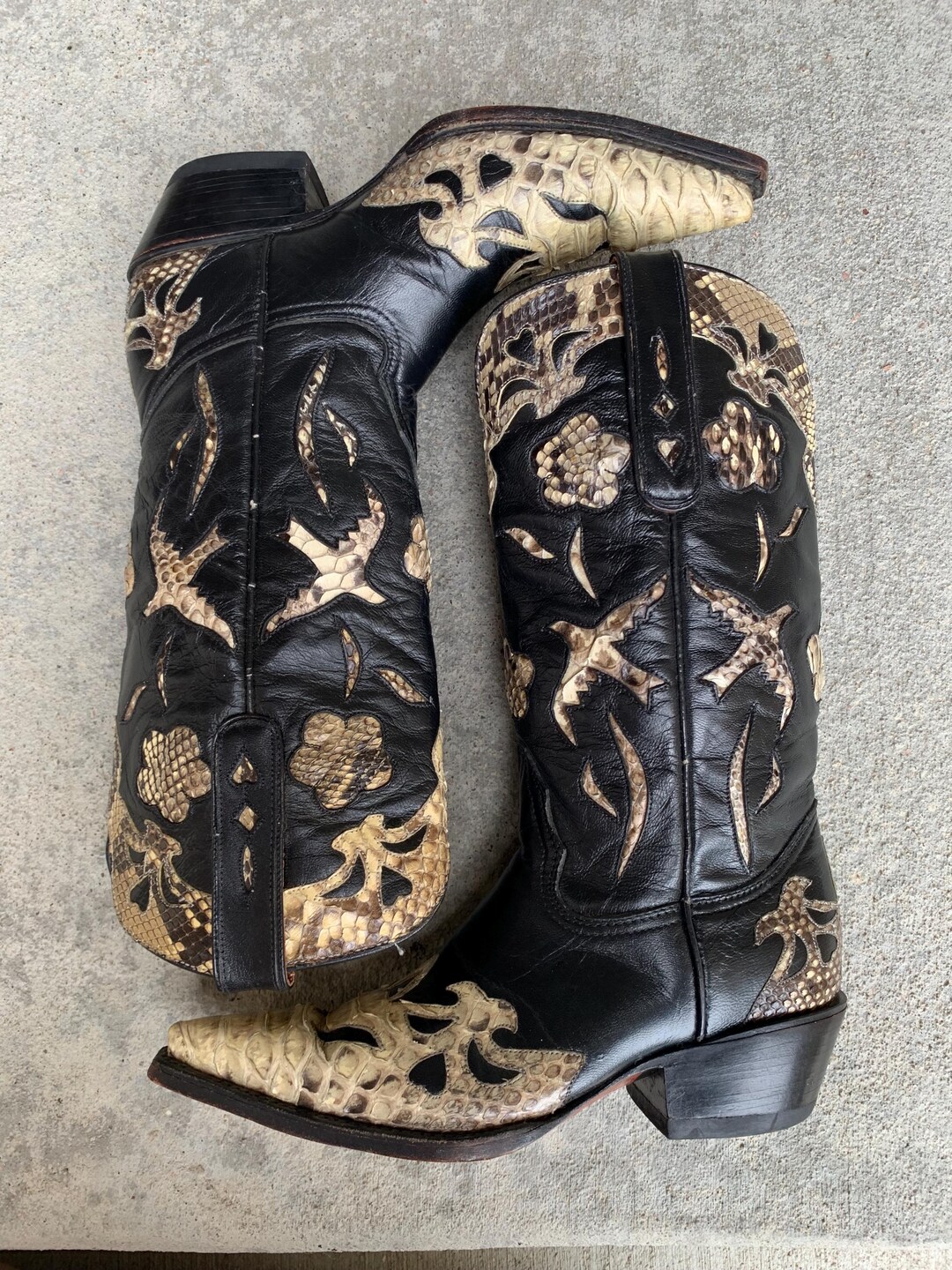 80s Real Snakeskin Cowboy Inlay Boots/ Inlay Birds/ Hearts/ Flowers ...