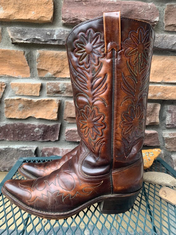 50s Stitch Detail Rodeo USA Cowboy Boots/ Flower Stit… - Gem