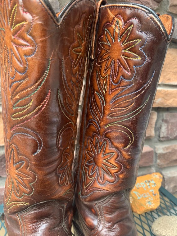 50s Stitch Detail Rodeo USA Cowboy Boots/ Flower Stit… - Gem